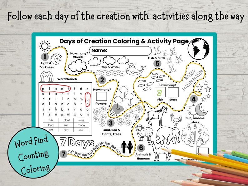 Days of Creation Activity Page: Bible Coloring, Word Search (instant ...