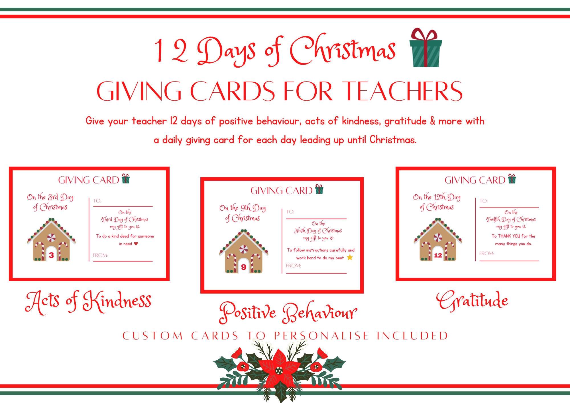 Printable 12 Days of Christmas Teacher Thank You Giving Card, School ...