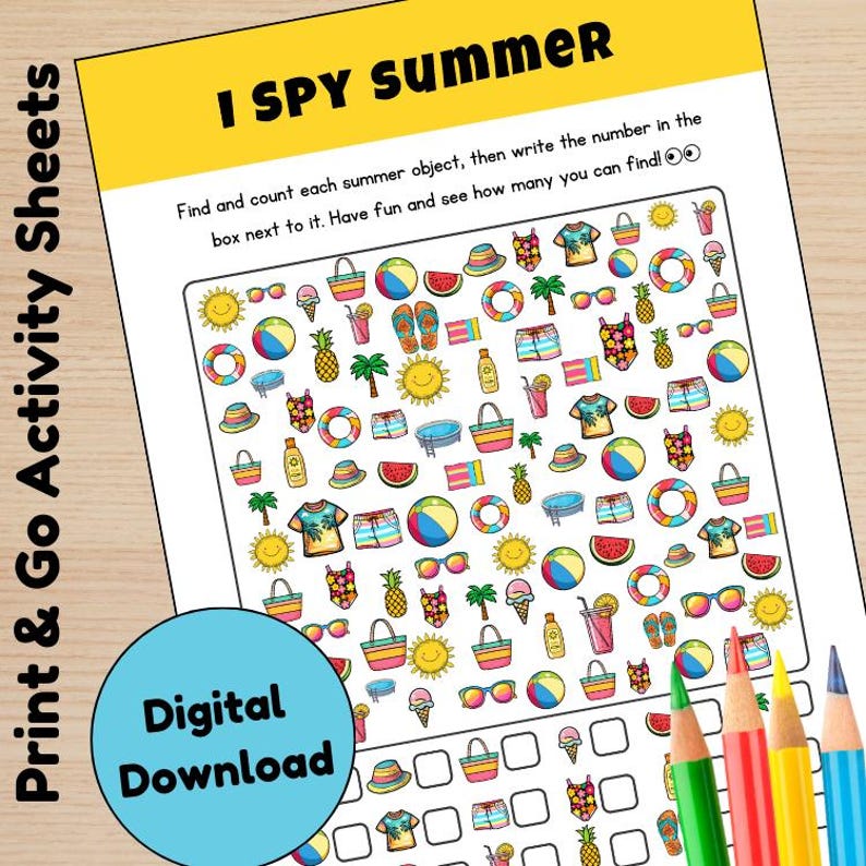 Summer I Spy Printable Worksheets for Kids | 2 Fun Eye Spy Counting ...