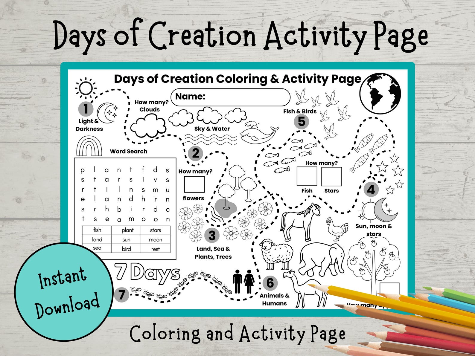 Days of Creation Activity Page: Bible Coloring, Word Search (instant ...