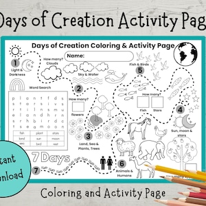 Days of Creation Activity Page: Bible Coloring, Word Search (instant ...