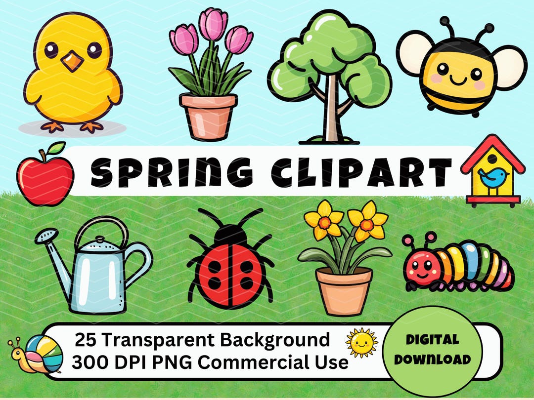 Spring Clipart Set – 25 Cute Spring Pngs With Black Outlines for ...