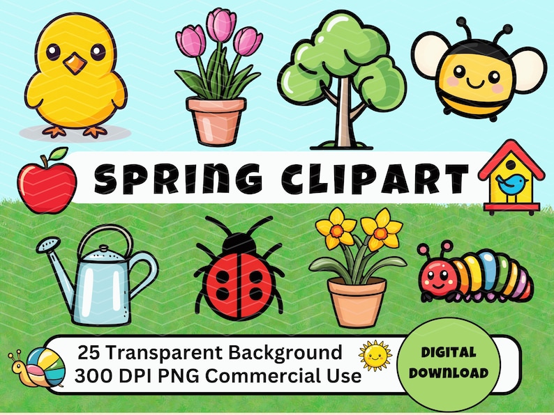 Spring Clipart Set – 25 Cute Spring Pngs With Black Outlines for ...