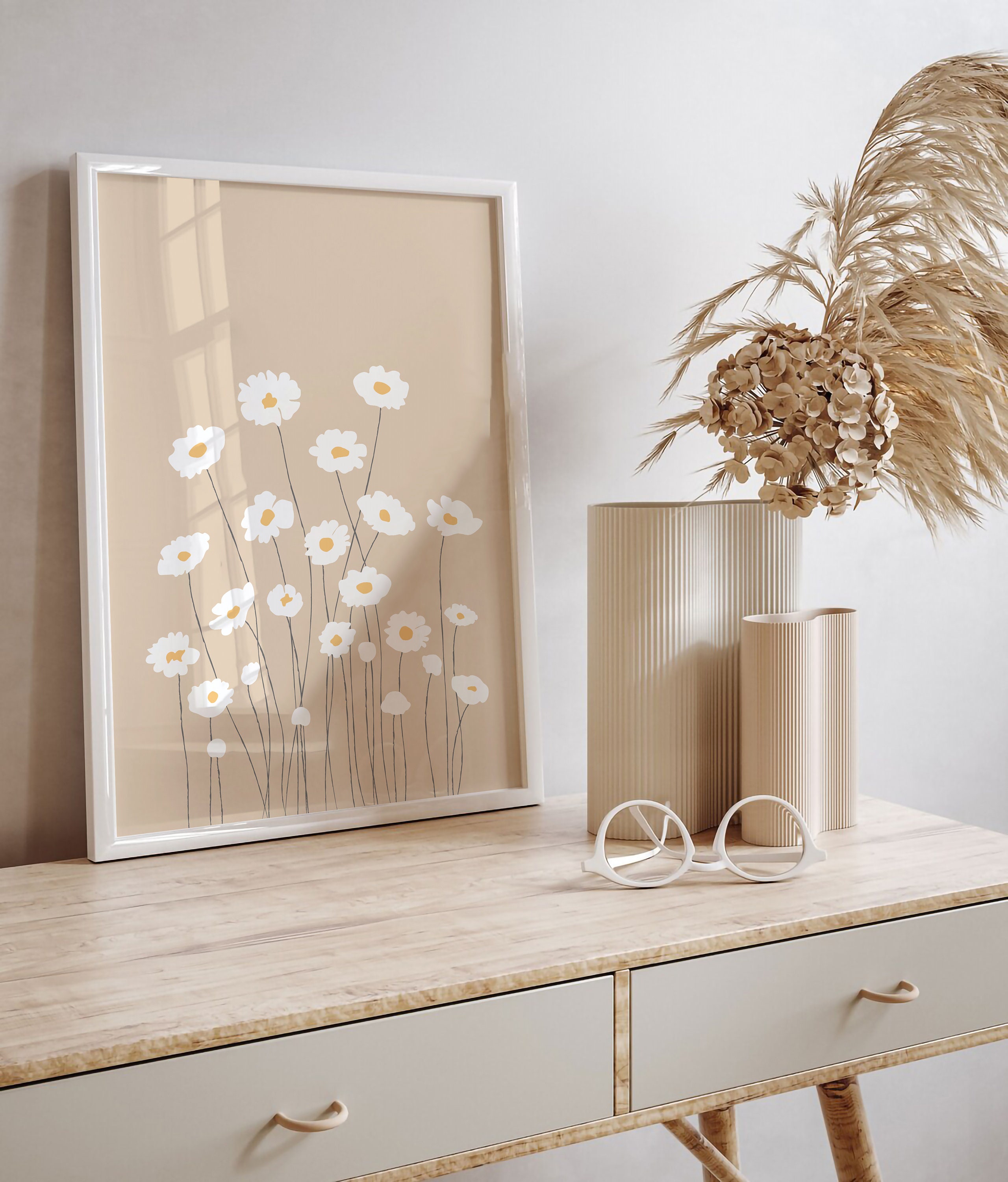 Daisy Print Cream Beige Wall Art Illustration Daisies Flower Wall Art ...