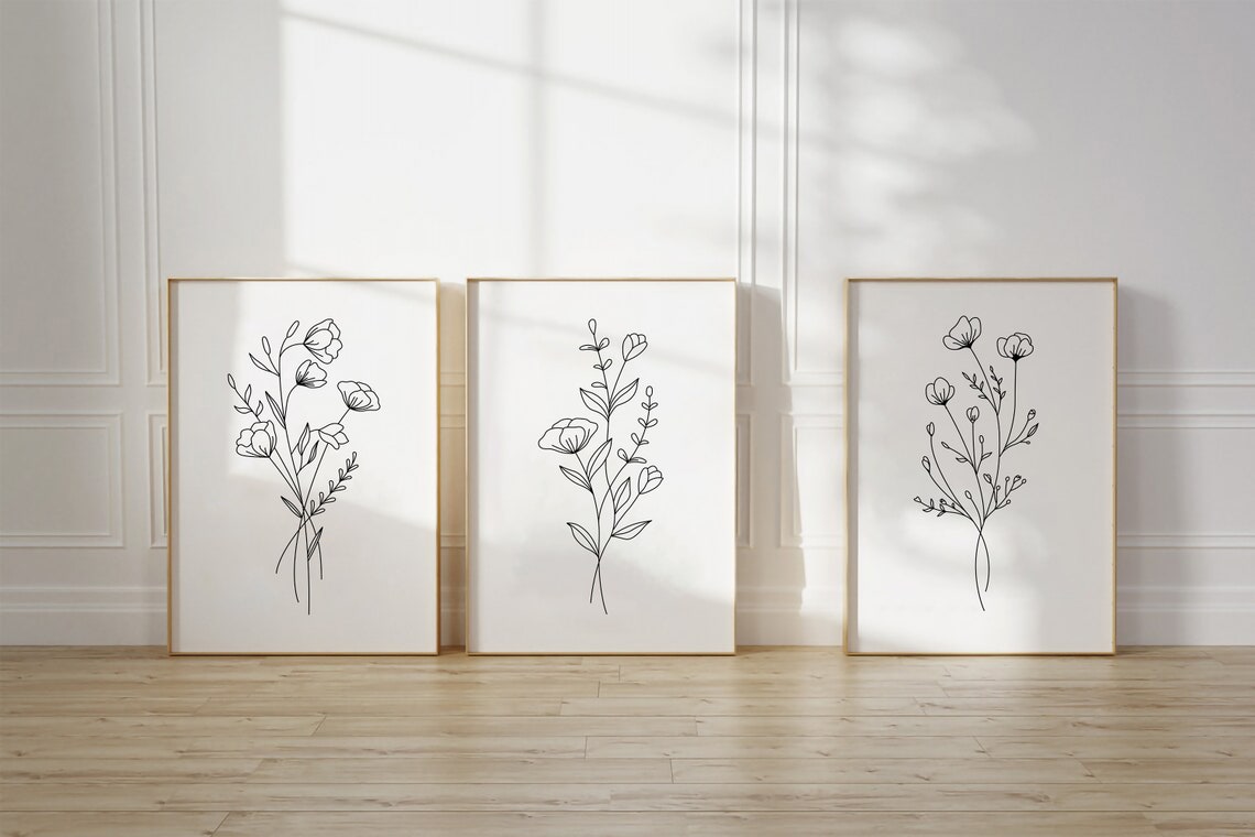 Flower Line Art Prints Set of 3 Prints Minimalist Wall Decor Floral ...