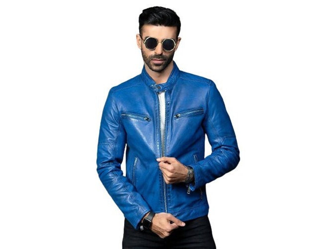Men's Blue Leather Motorcycle Jacket Blue Biker Leather - Etsy