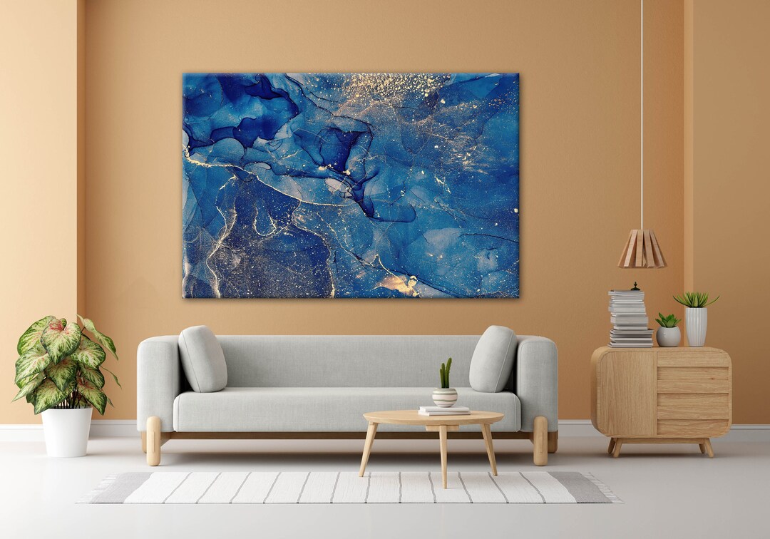 Abstract Blue Print,blue Abstract Decor,blue Gold Abstract Canvas Print ...