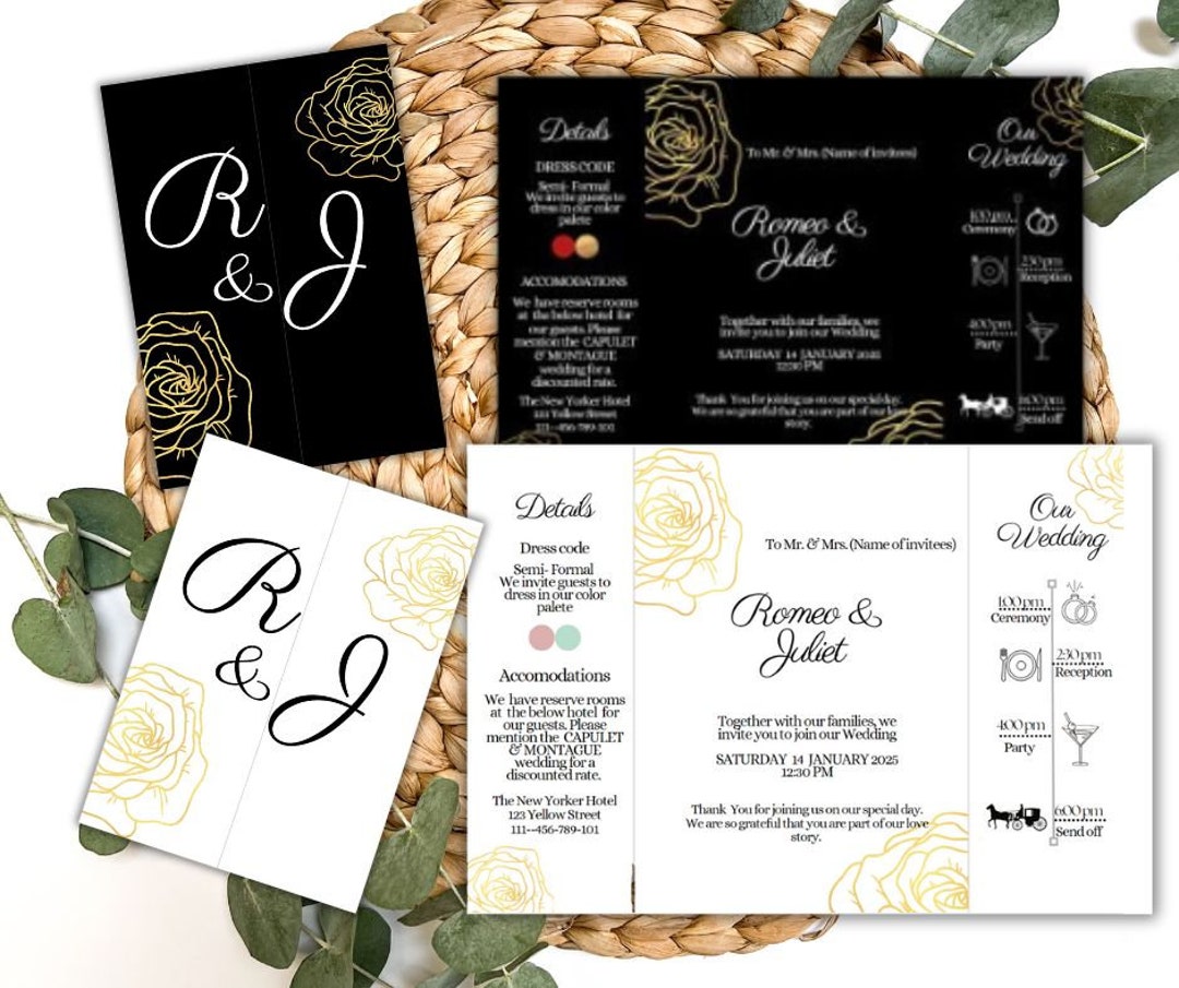 Foldable Elegant Black & White Wedding Invitations Editable Digital ...
