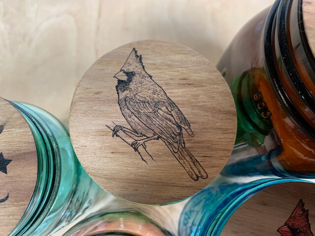 Cardinal Drawing V13 | Mason Jar Wooden Lid. Custom Laser Print From ...