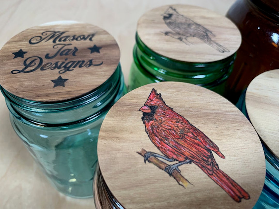 Cardinal Drawing V13 | Mason Jar Wooden Lid. Custom Laser Print From ...