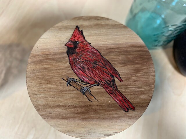Cardinal Drawing V13 | Mason Jar Wooden Lid. Custom Laser Print From ...