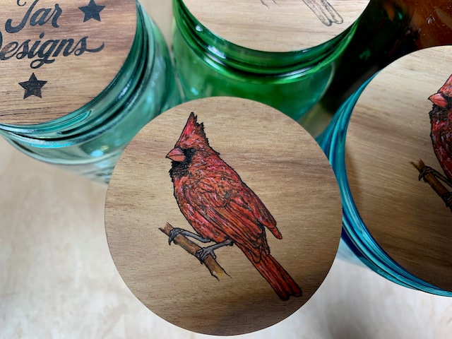 Cardinal Drawing V13 | Mason Jar Wooden Lid. Custom Laser Print From ...