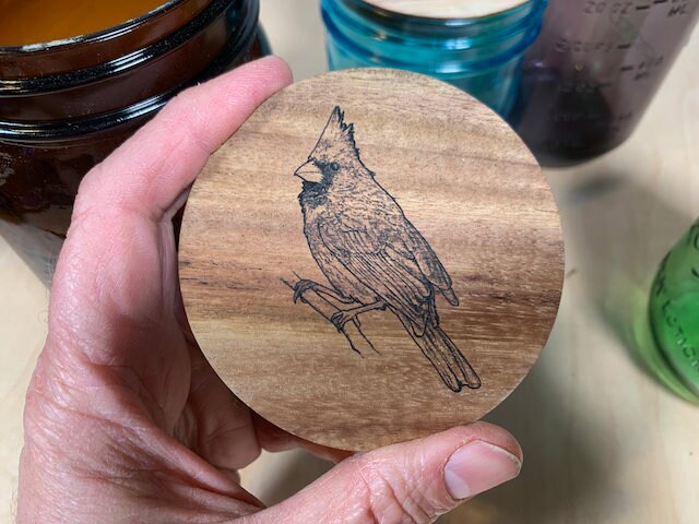 Cardinal Drawing V13 | Mason Jar Wooden Lid. Custom Laser Print From ...