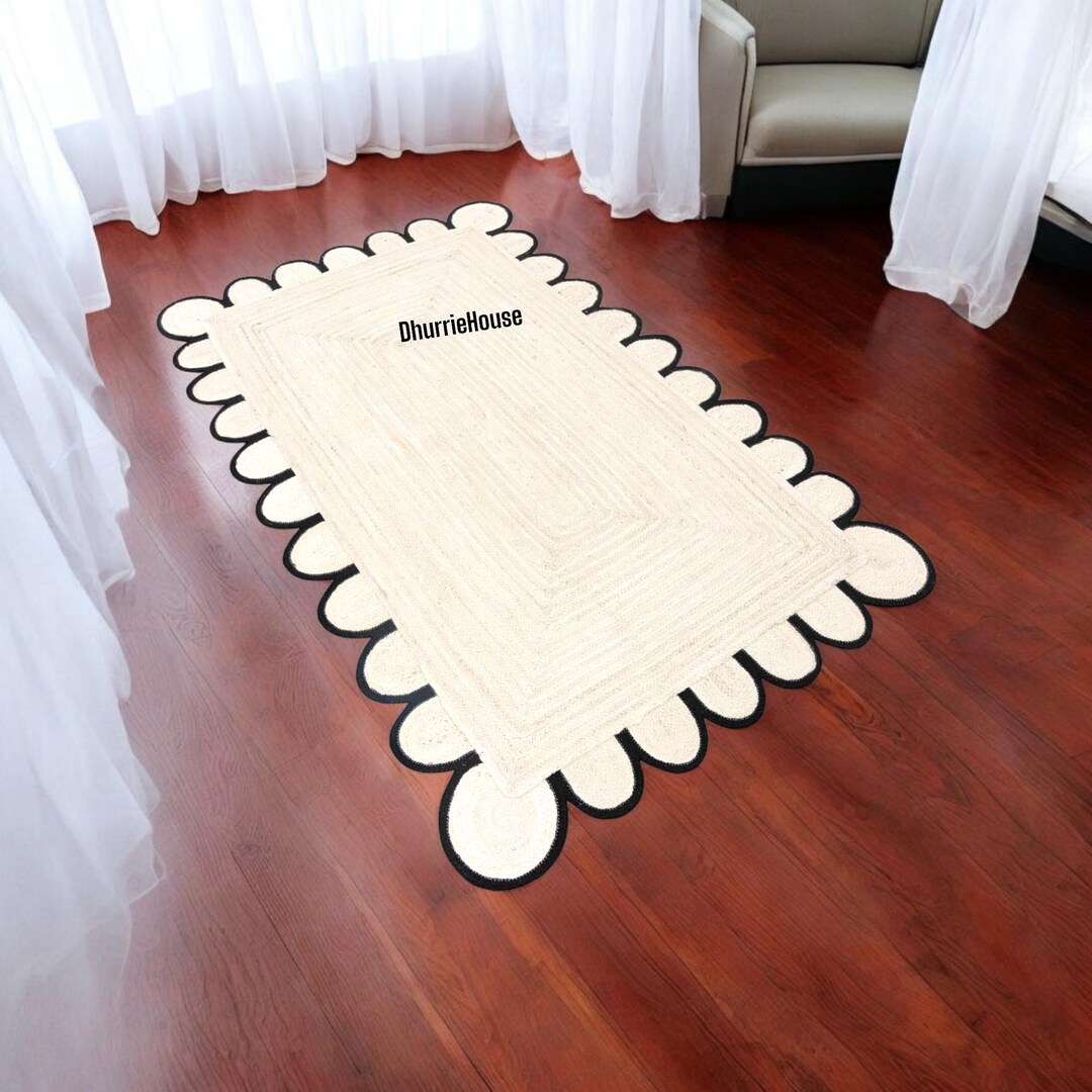 White Scalloped Jute Rug Black Border- Handmade Rug,natural Braided Rug ...