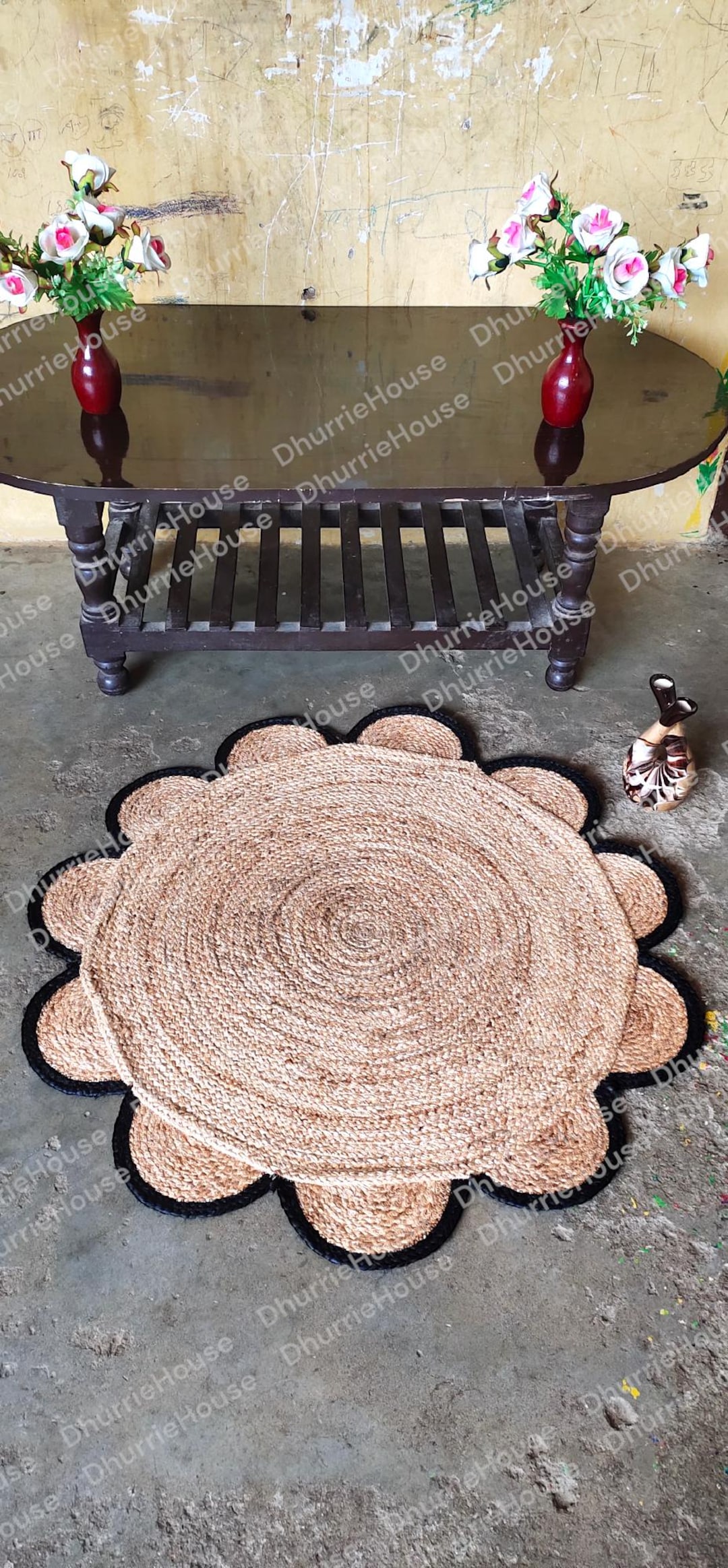 Jute Rug - the Handmade Black Scalloped Natural Jute Round Rug for Your ...
