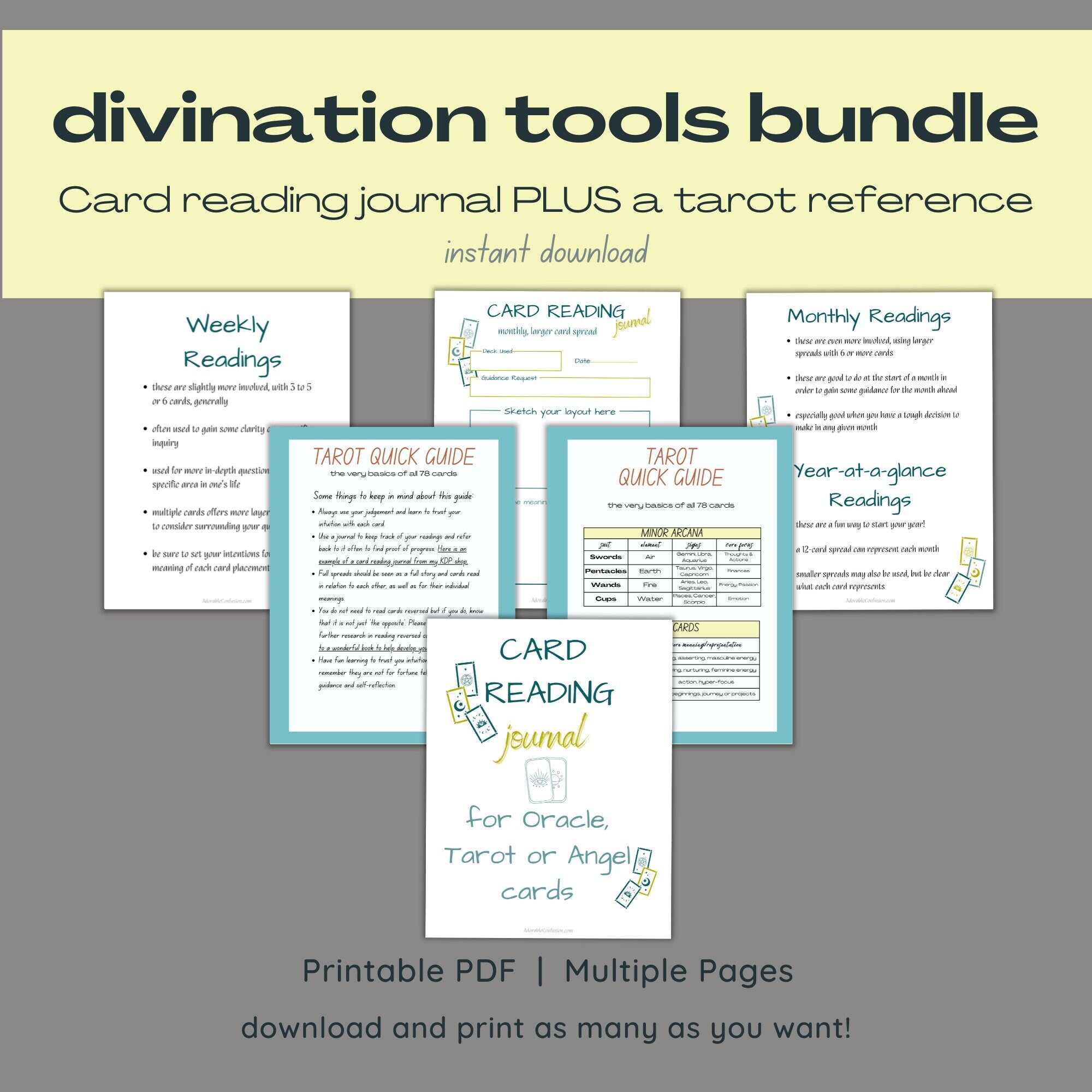 Digital Download Divination Journal Bundle Card Reading Journal and Tarot Card Reference Sheet ...