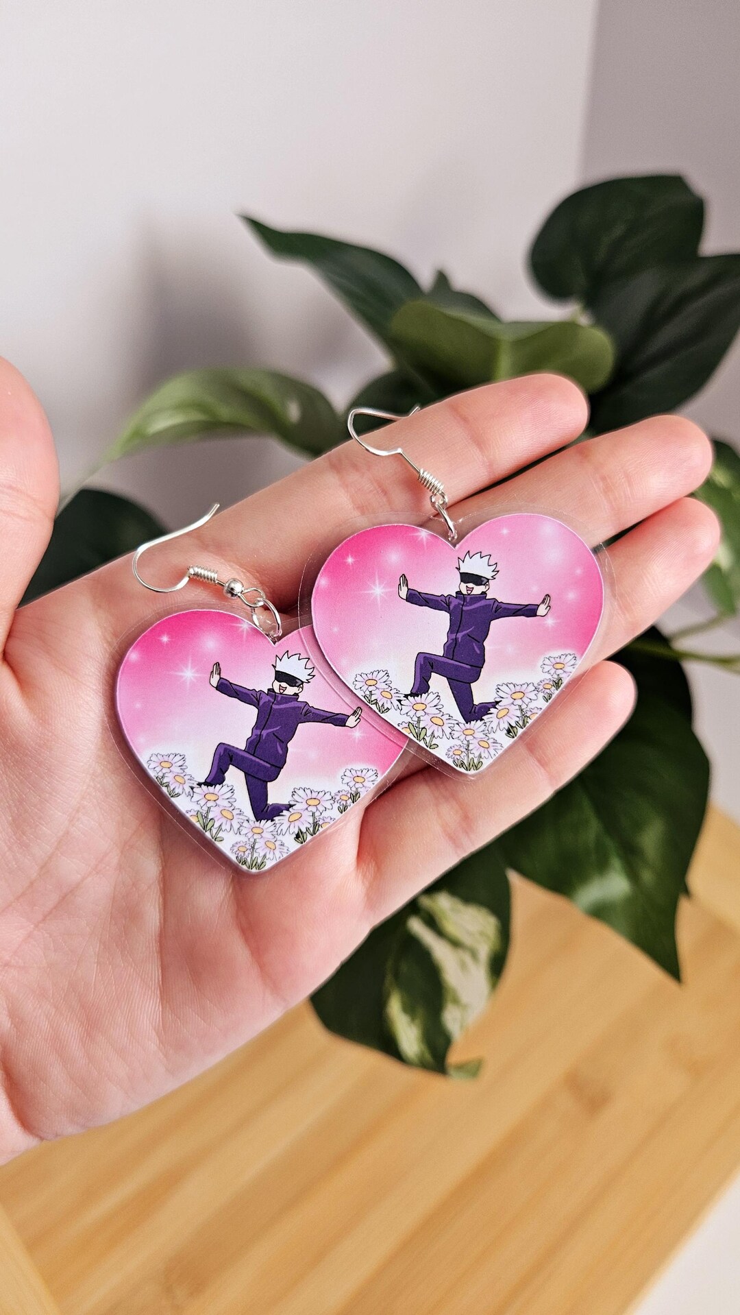 Kawaii Gojo Anime Heart Shape Earrings- Jujutsu Anime Handmade Photo ...