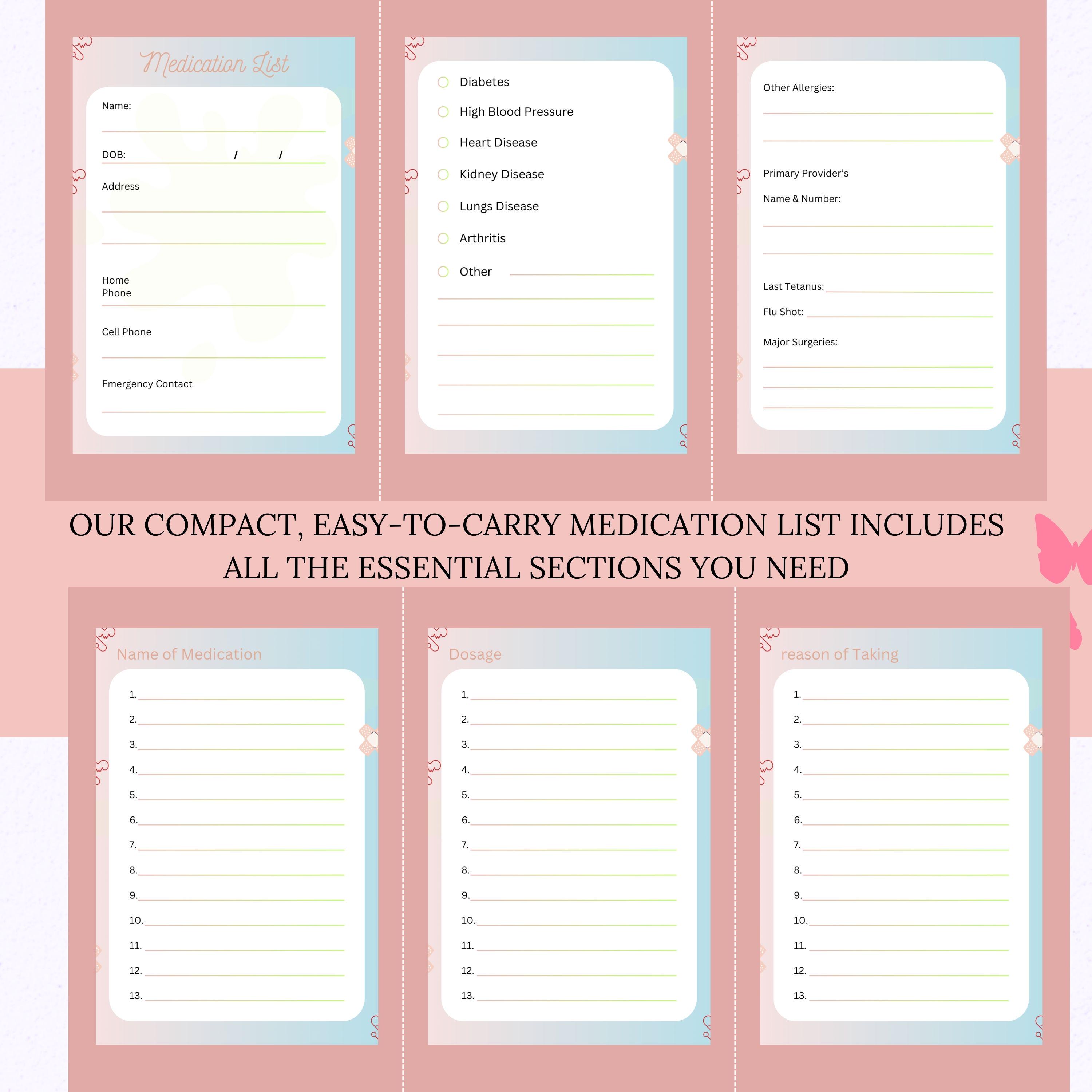 Medication List Wallet Card | Emergency Contact & Medical Info ...