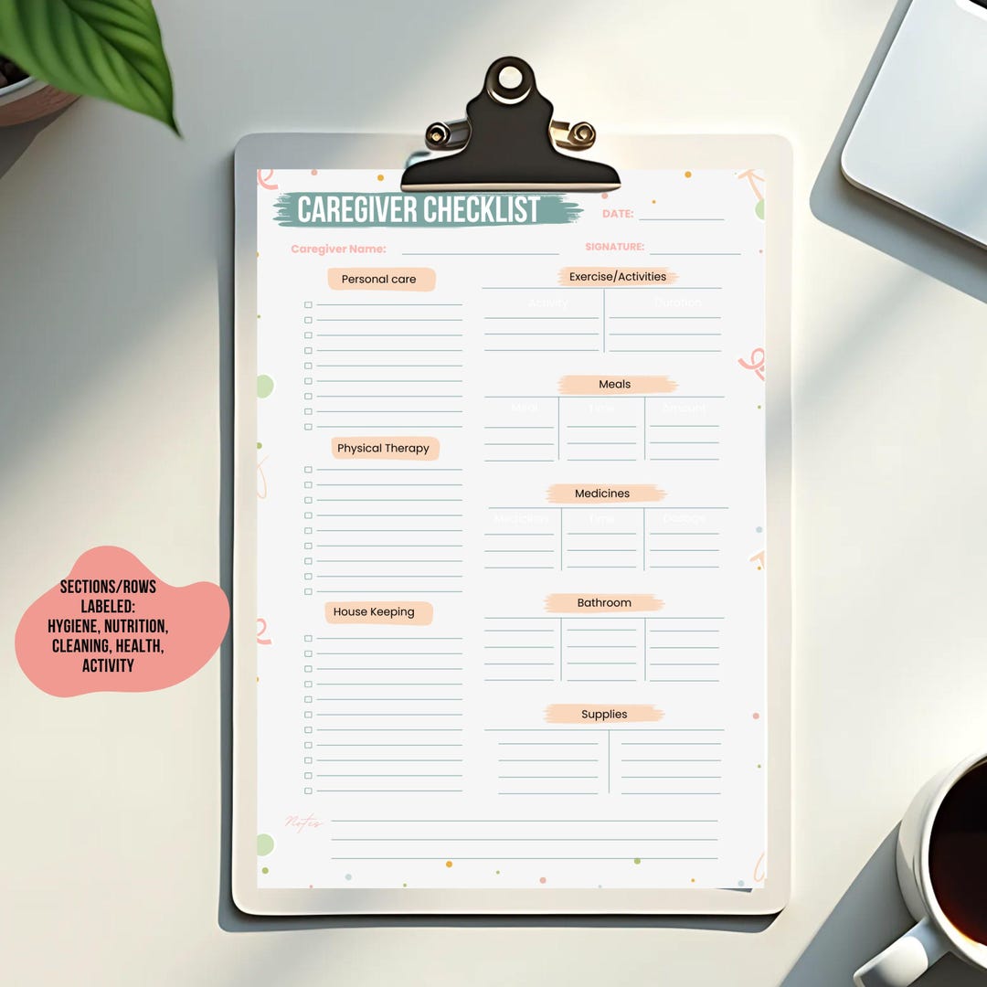 Printable Caregiver Checklist, Home Health Organizer, Daily Task Log ...