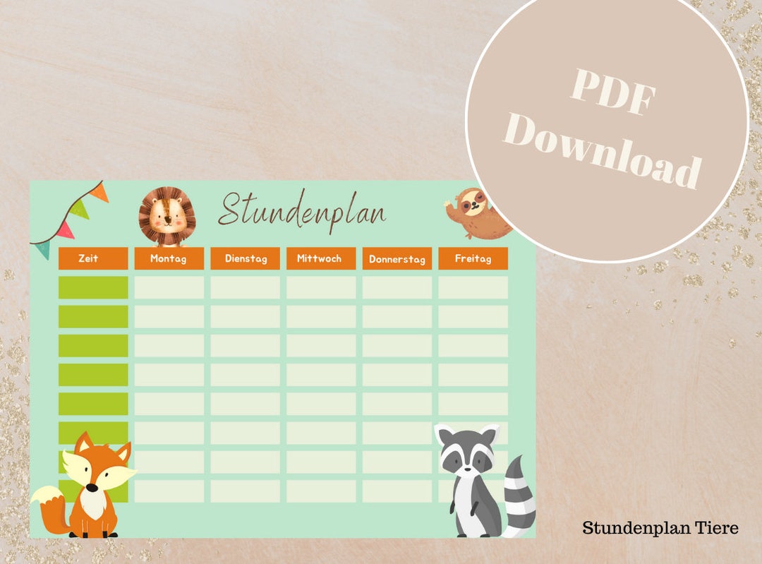 Stundenplan Tiere Als PDF Datei Zum Ausdrucken - Etsy