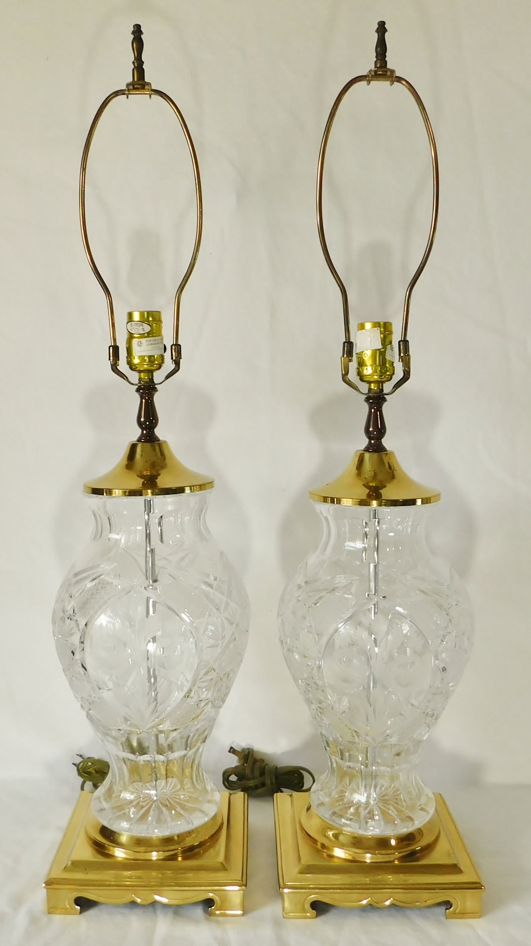Pair Vintage Mid Century European Poland Floral Cut Crystal Solid Brass ...
