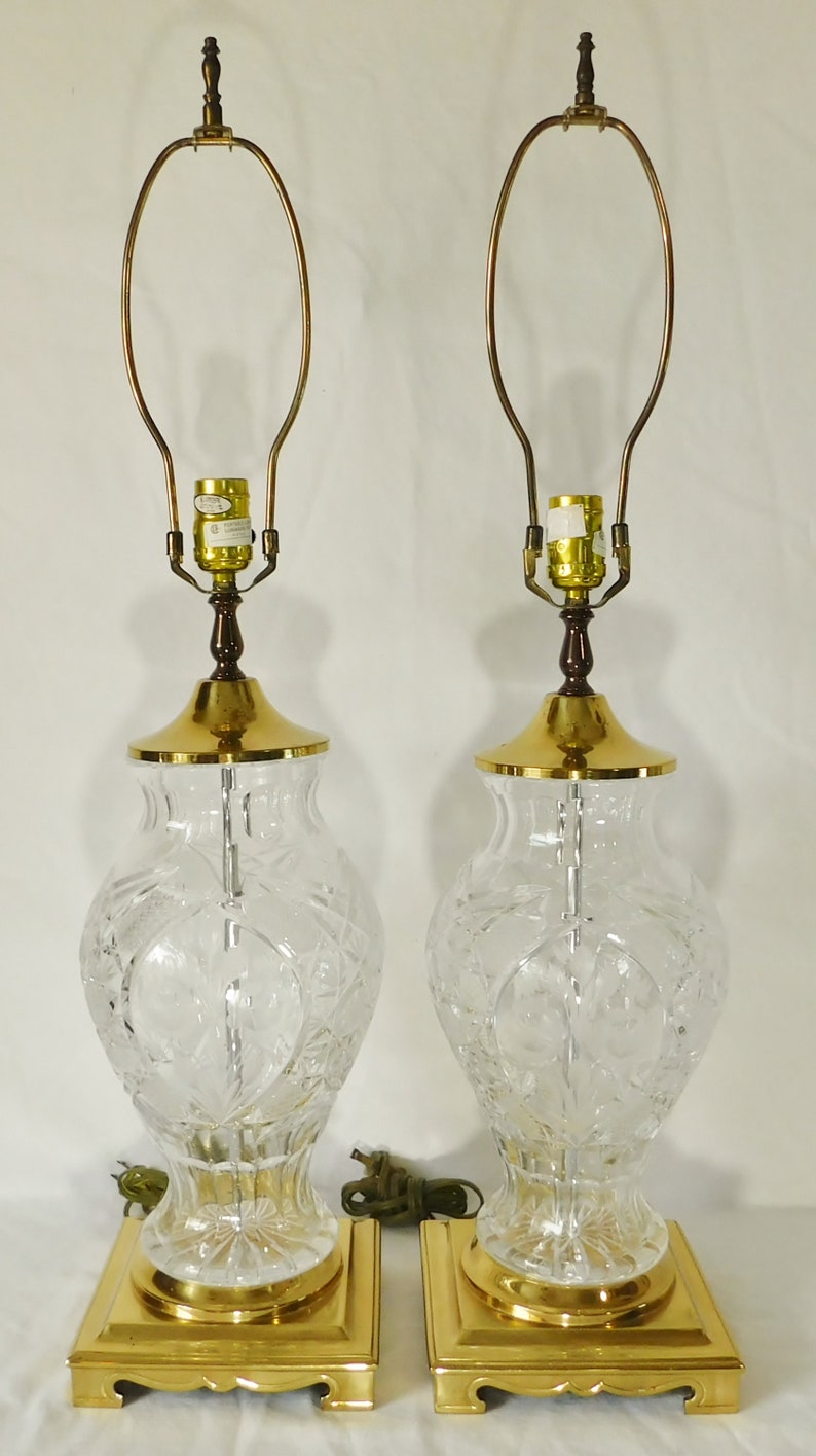 Pair Vintage Mid Century European Poland Floral Cut Crystal Solid Brass ...