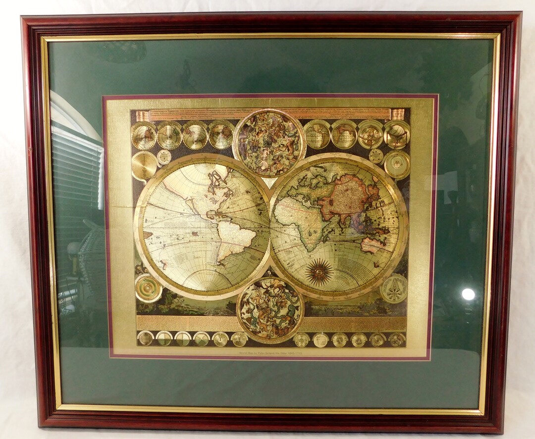 Large Vintage Ornate Gold World Map Framed & Matted Mahogany Wood Wall ...