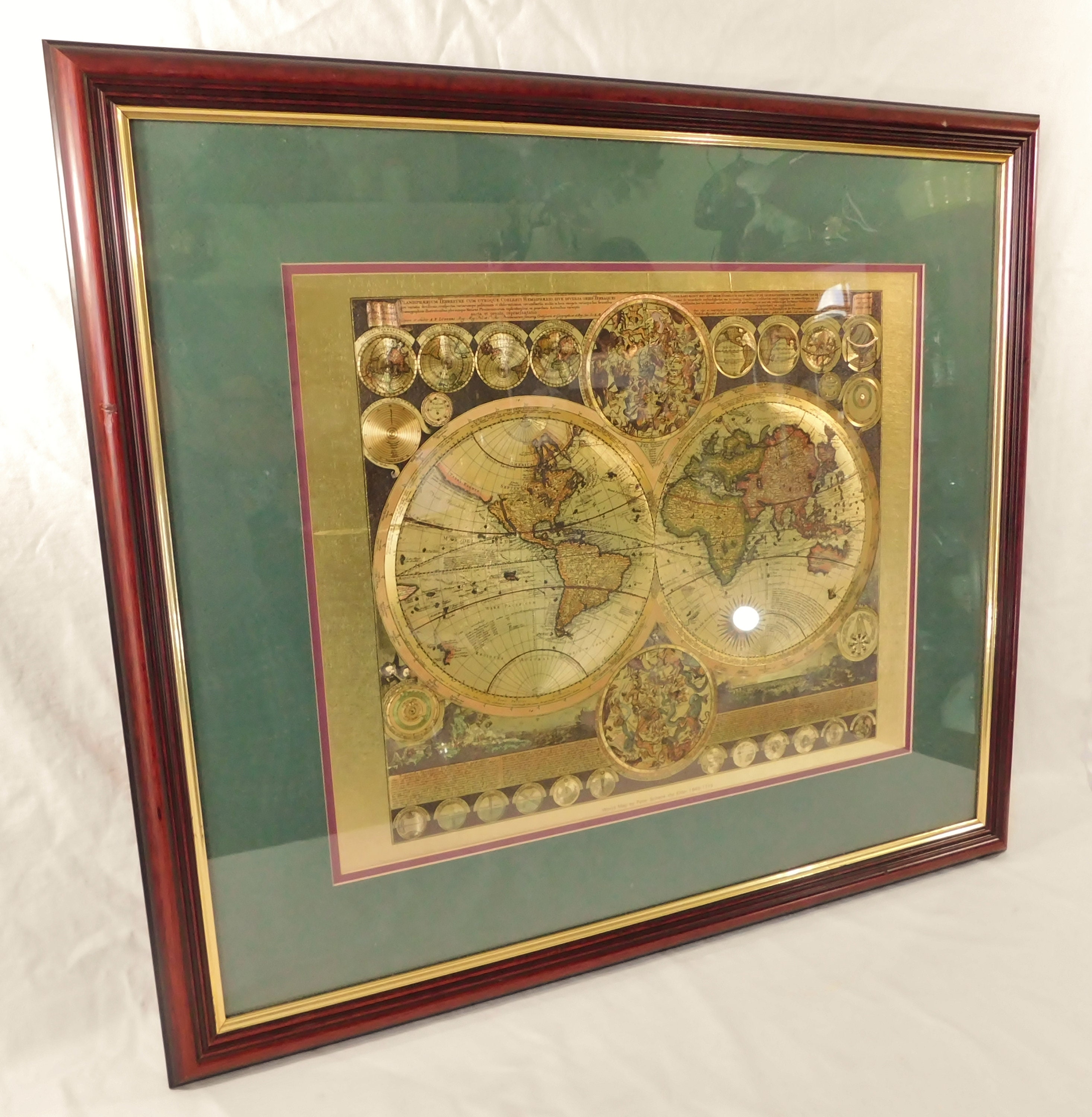 Large Vintage Ornate Gold World Map Framed & Matted Mahogany Wood Wall ...