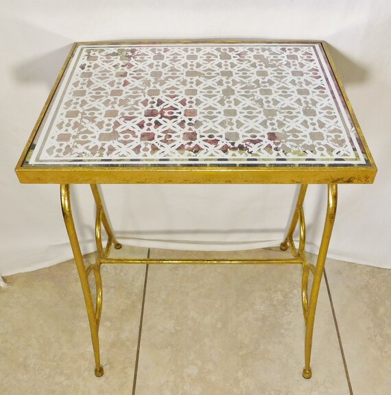 Ornate Contemporary Gold Leaf Printed Mirror Top Side End Accent Table Etsy