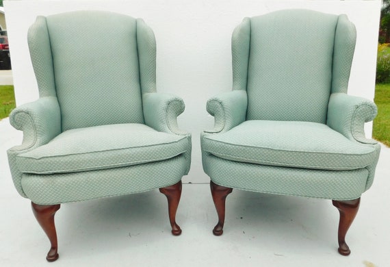 Pair Vintage Highland House Queen Anne Mahogany Wingback Arm Chairs Etsy