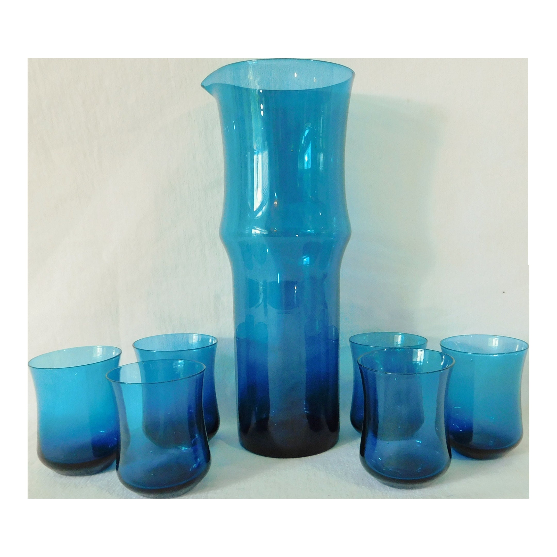 Vintage Mid Century Blue Blenko Hand Blown Glass Pitcher & 6 Glasses ...