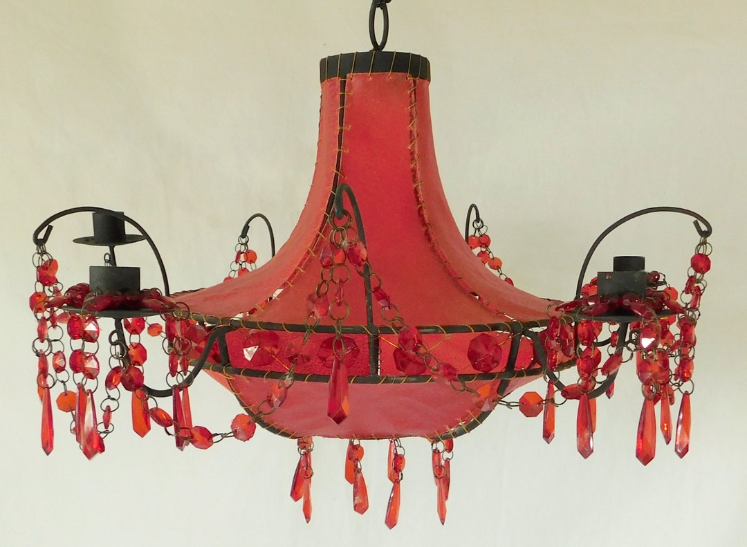 Vintage 1980s Wrought Iron Red Stitched Leather Prism Crystal 6 Arm ...