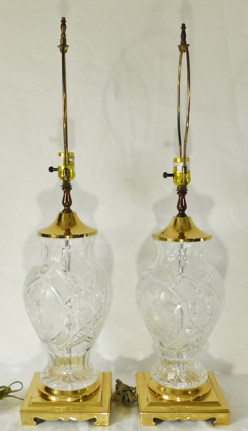 Pair Vintage Mid Century European Poland Floral Cut Crystal Solid Brass ...