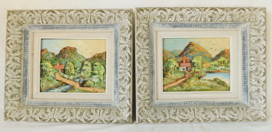 Pair Vintage Mid Century Raised Paper Mache Landscape Painting on Board ...