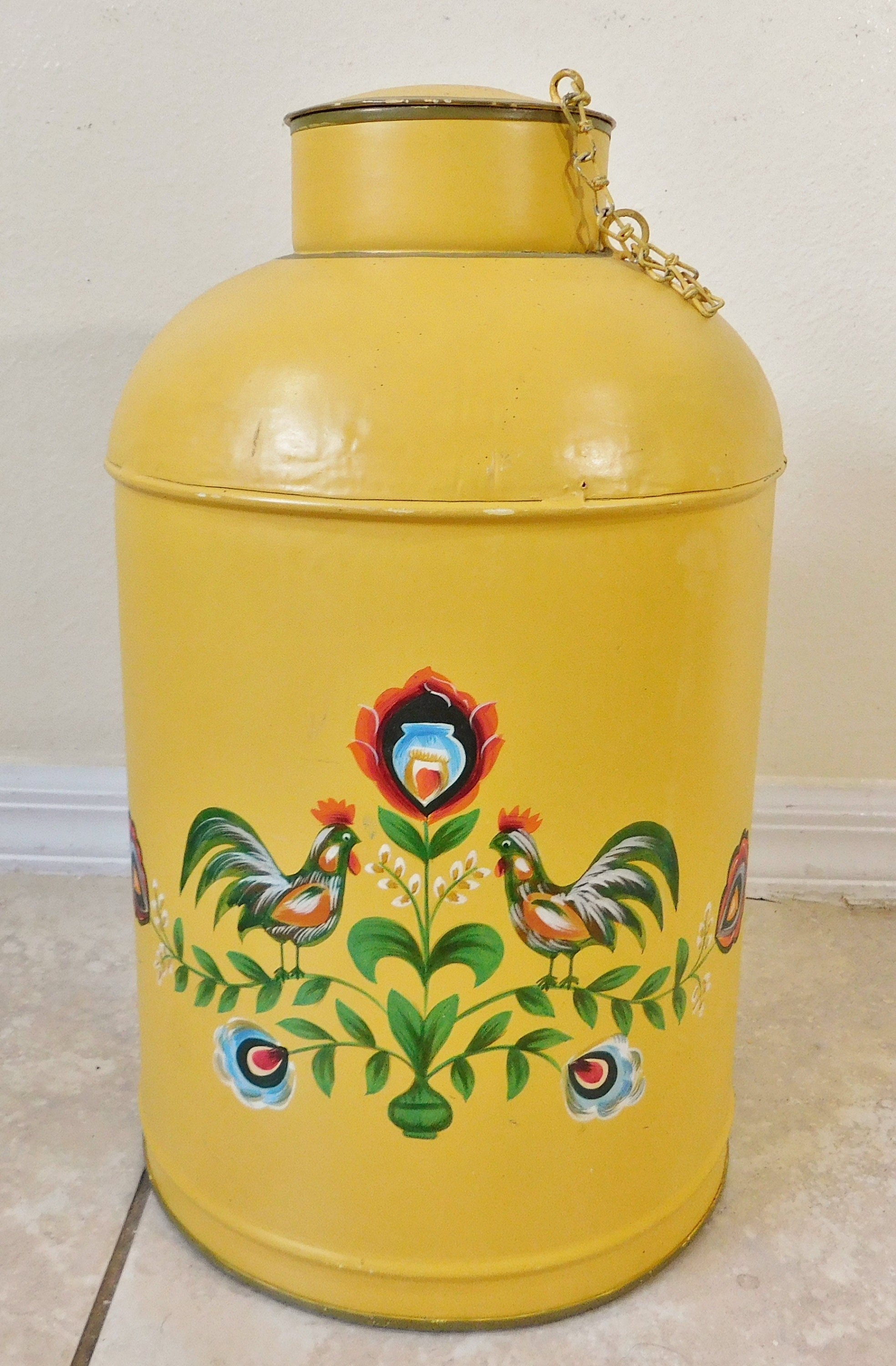 Large Vintage Decorative Yellow Hand Painted Rooster Milk Can Jug W ...