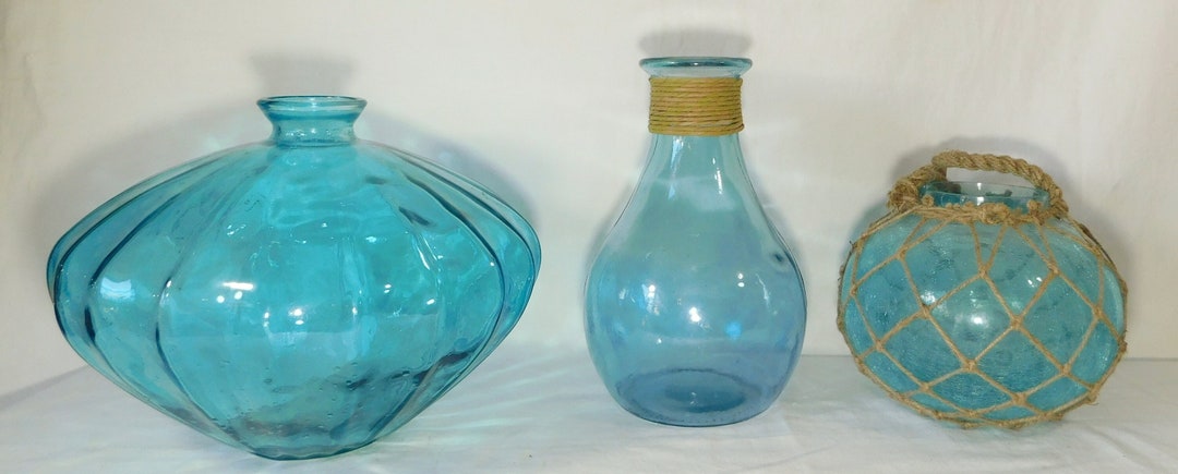 Large Vintage Decorative Ornate Shaped Blue Glass Vases W/ Raffia ...