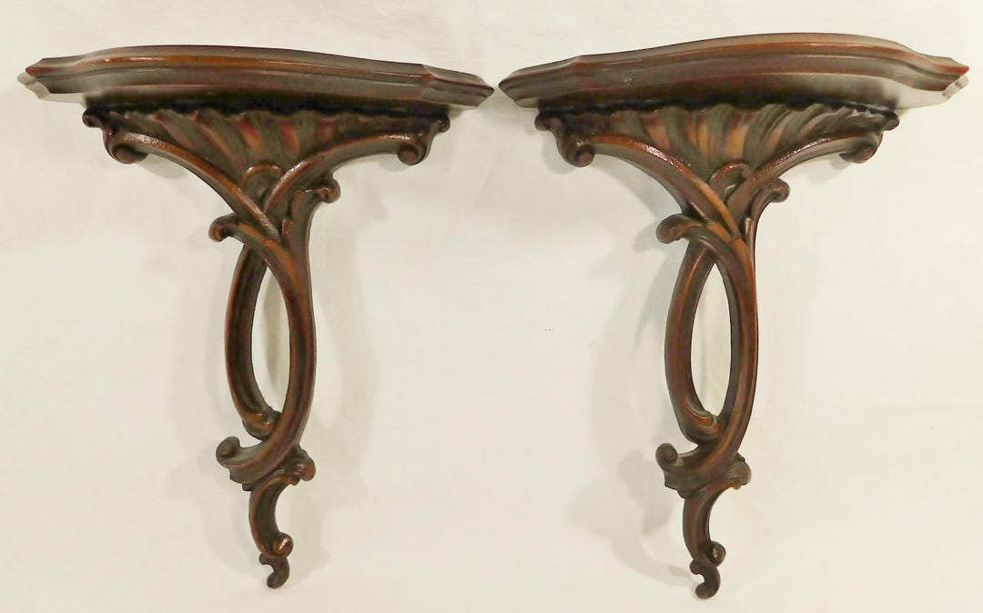 Pair Vintage Mid Century Syroco Wood Co. Decorative Wall Shelf Brackets ...