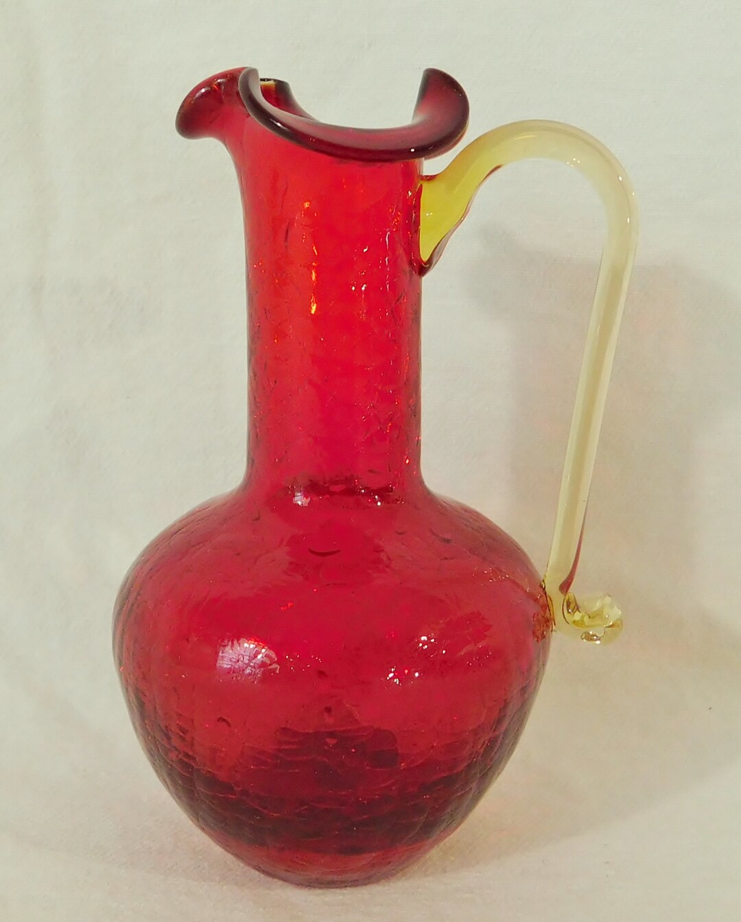 Small Blenko Red Crackle Glass W/ Applied Yellow Handle Syrup Pitcher ...