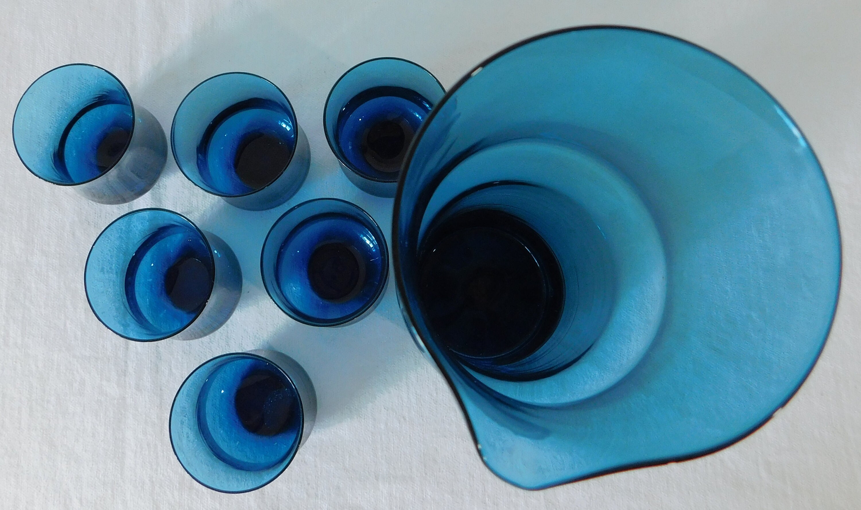 Vintage Mid Century Blue Blenko Hand Blown Glass Pitcher & 6 Glasses ...