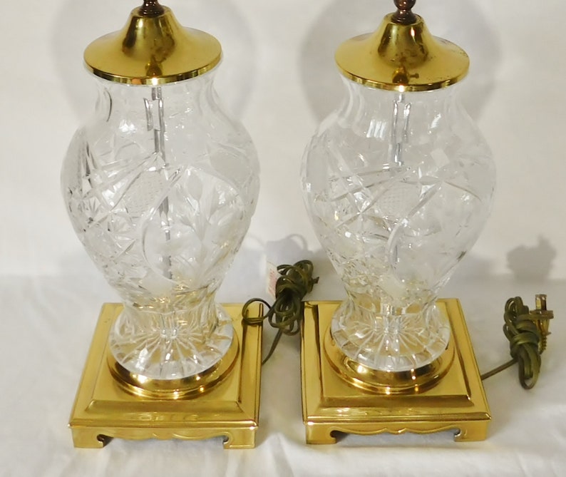 Pair Vintage Mid Century European Poland Floral Cut Crystal Solid Brass ...