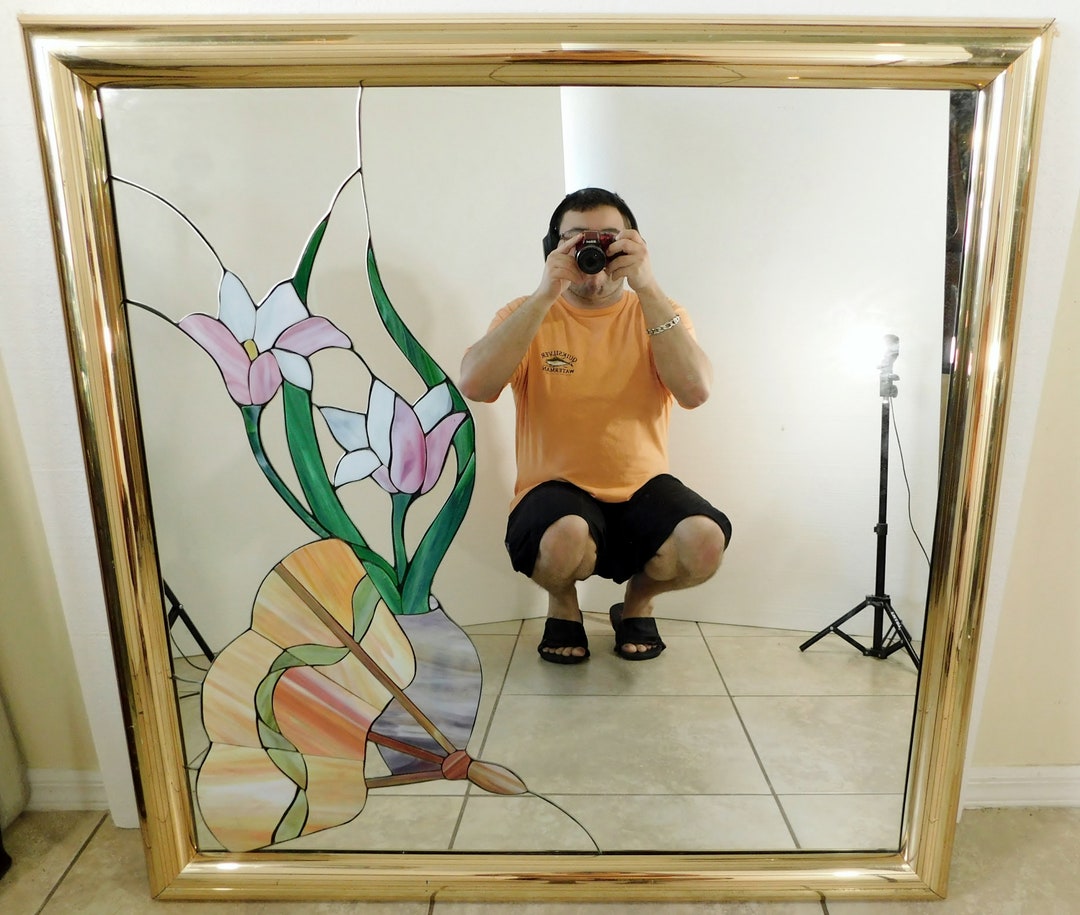 Large Vintage 1980s Stained Glass Floral Wall Mirror Gold Frame - Etsy