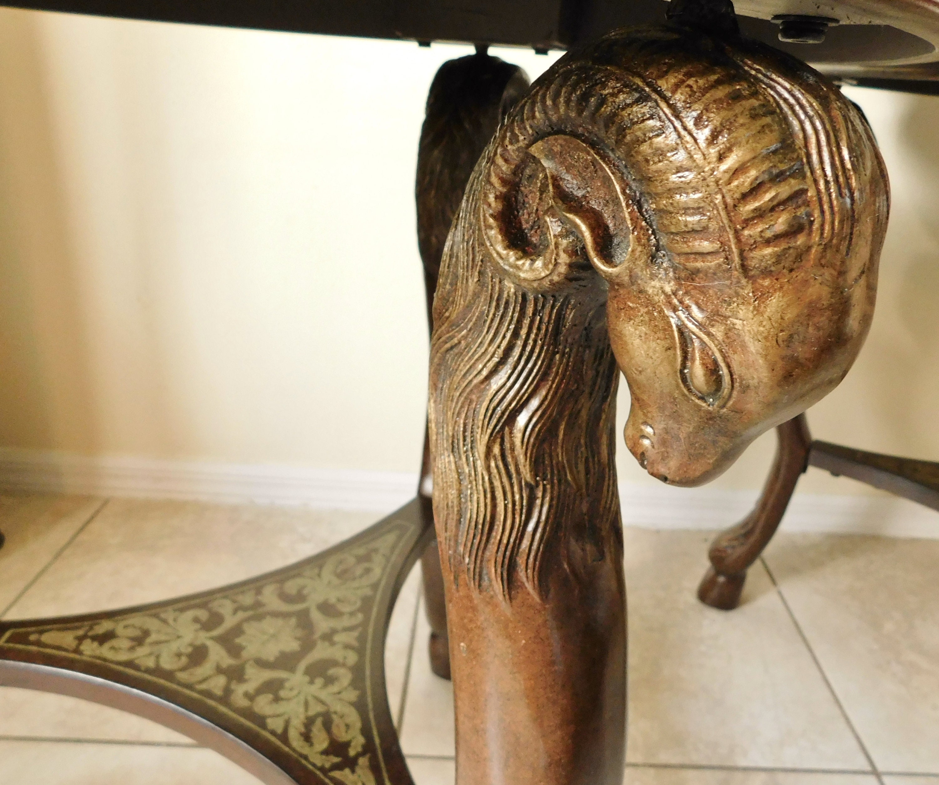 Pair Large Decorative Figural Ram's Head Round Wood Floral Accent Side ...