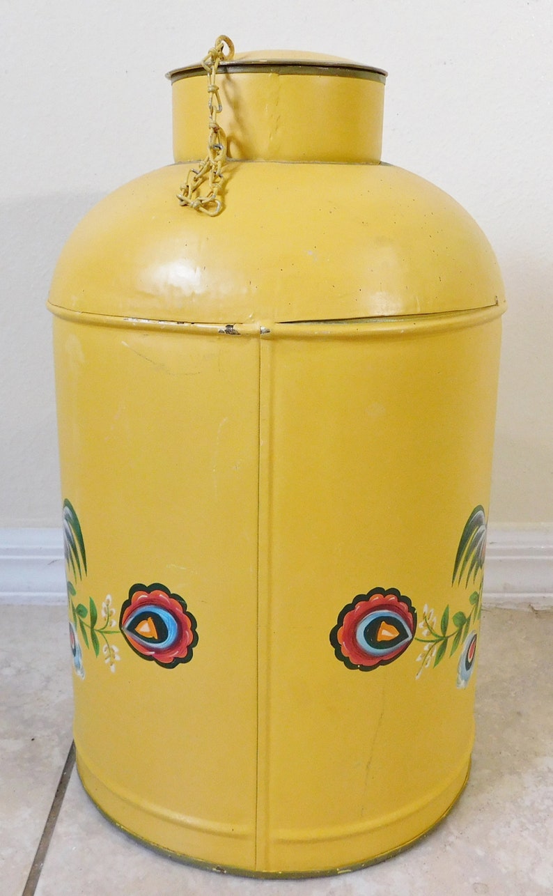 Large Vintage Decorative Yellow Hand Painted Rooster Milk Can Jug W ...
