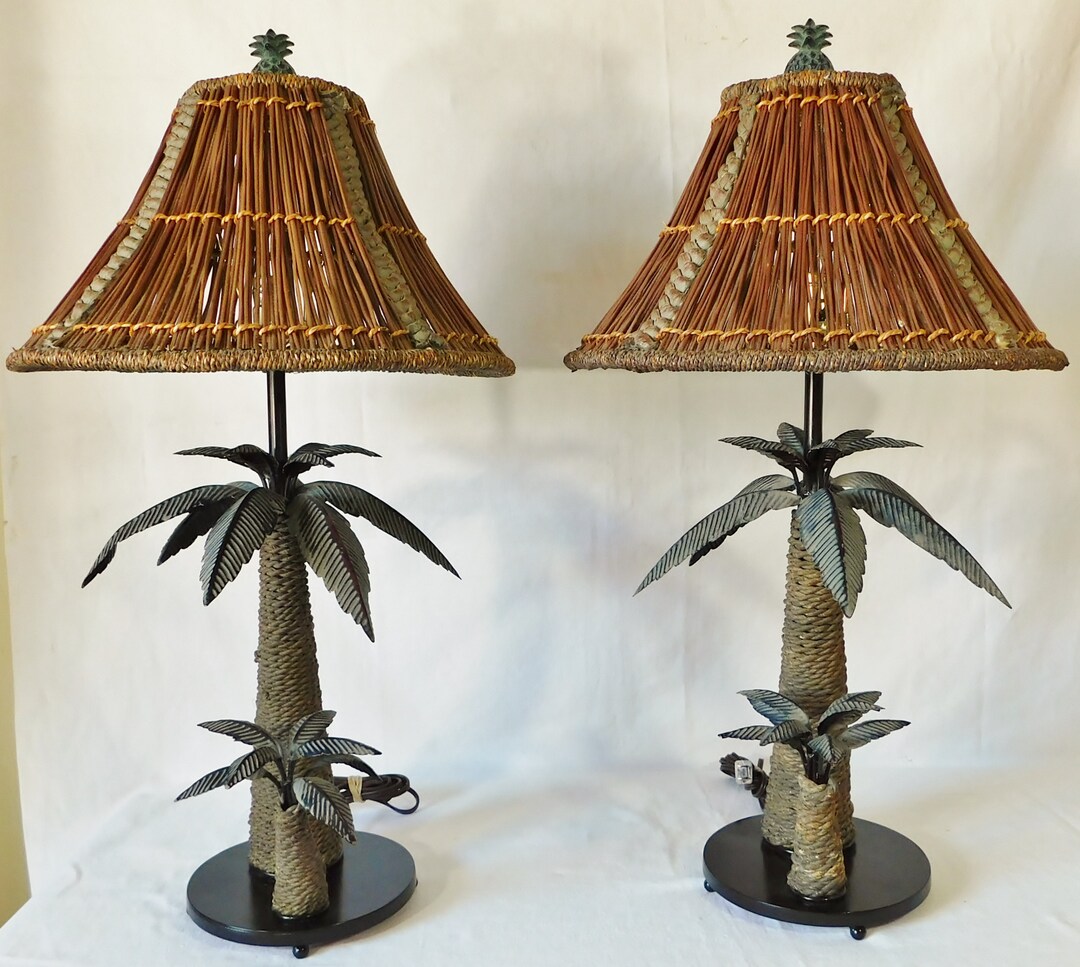 Pair Tropical Palm Tree Rope Tole Metal Table Lamps W/ Natural Wicker ...