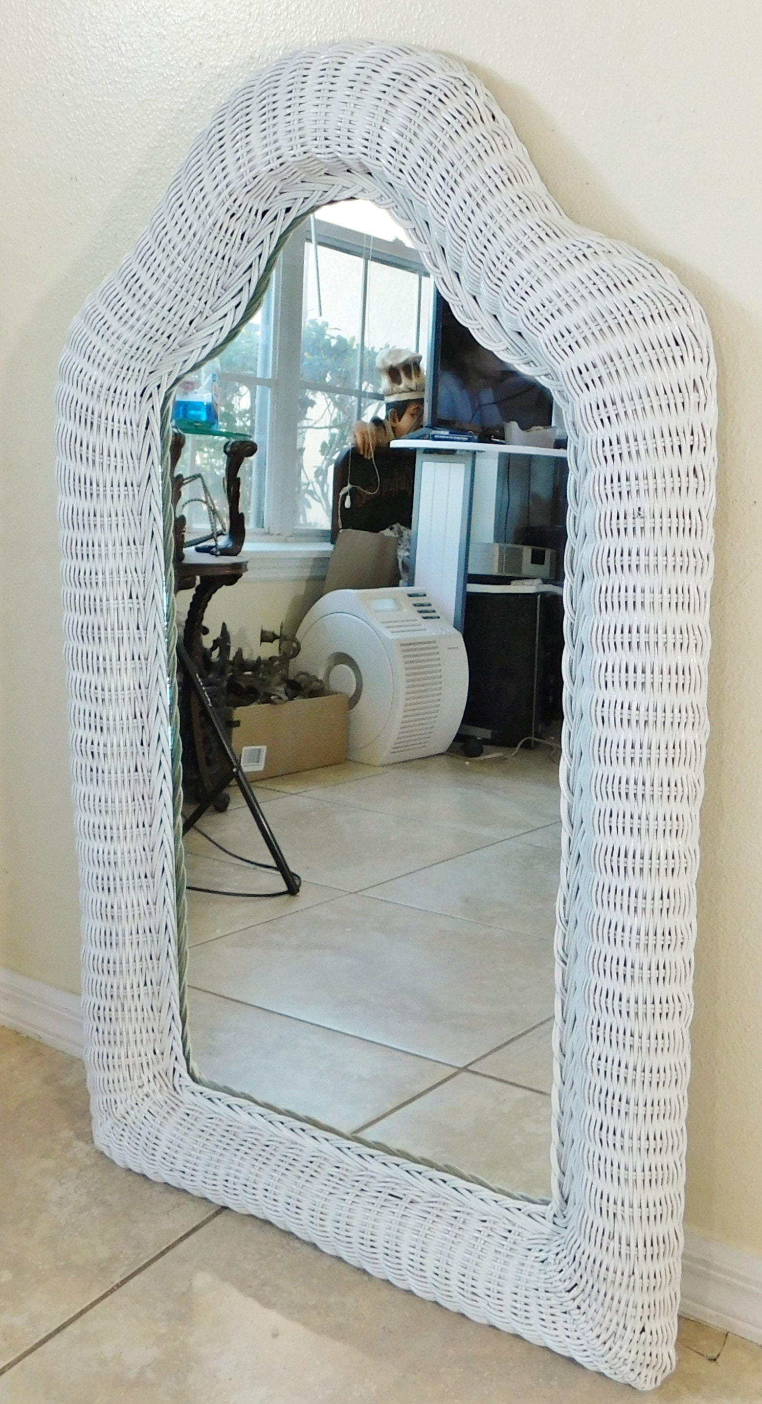 Large Vintage Late 20th Century White Wicker Arched Hanging Wall Mirror ...