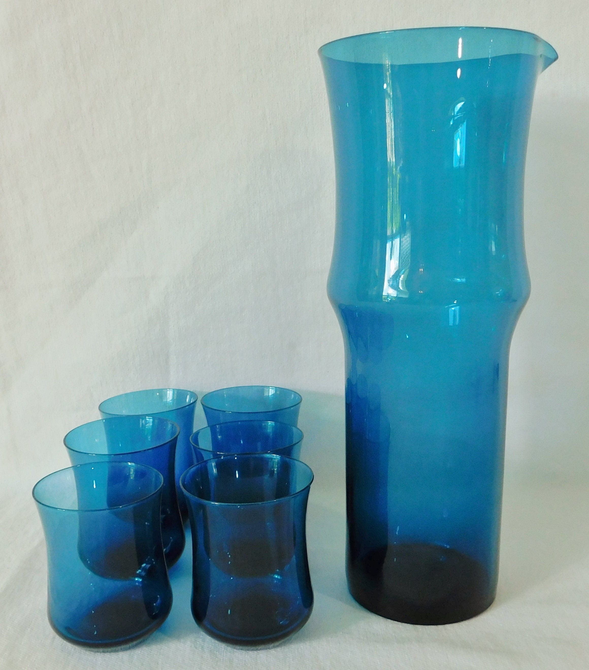 Vintage Mid Century Blue Blenko Hand Blown Glass Pitcher & 6 Glasses ...