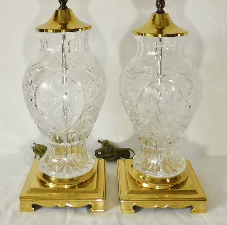 Pair Vintage Mid Century European Poland Floral Cut Crystal Solid Brass ...
