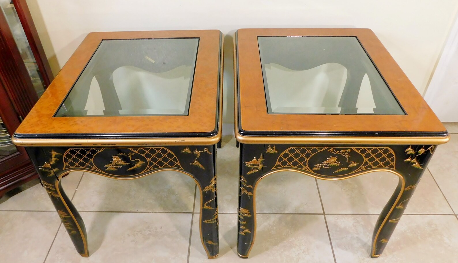 Vintage Chinese Oriental Mid Century Black Lacquer Wood Hand Painted ...