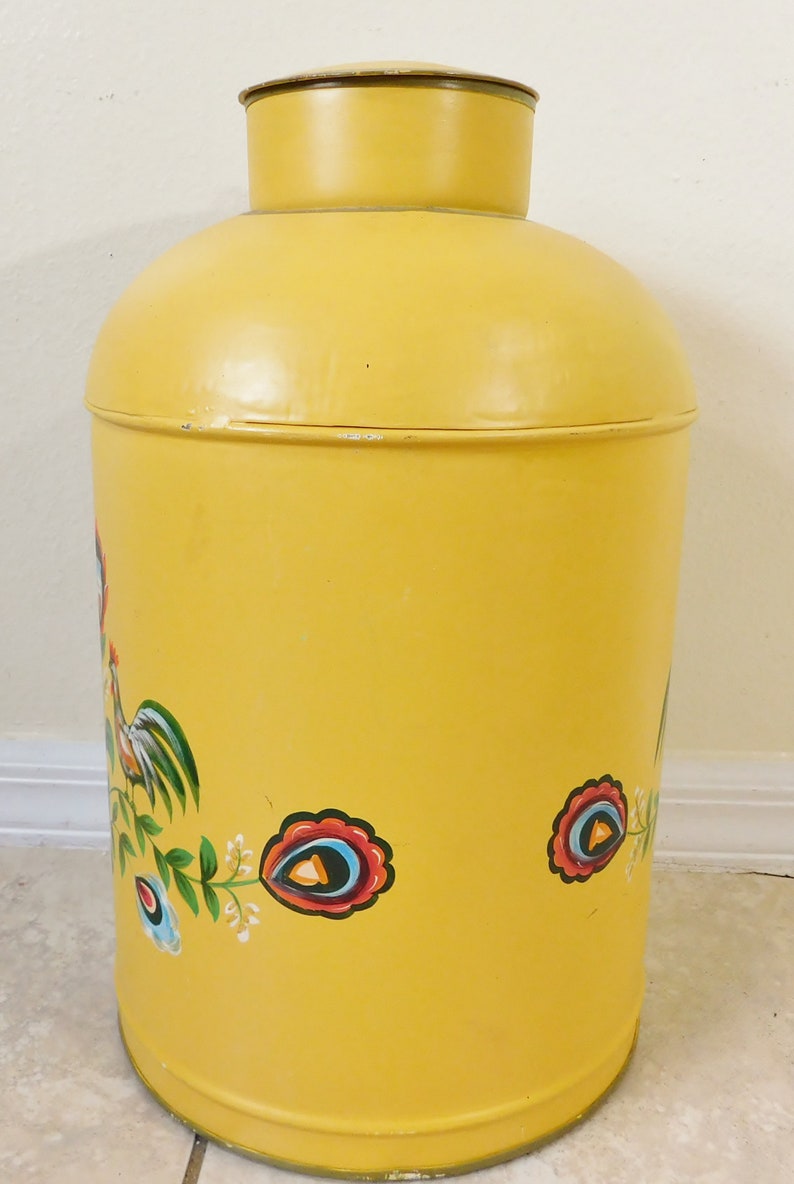 Large Vintage Decorative Yellow Hand Painted Rooster Milk Can Jug W ...