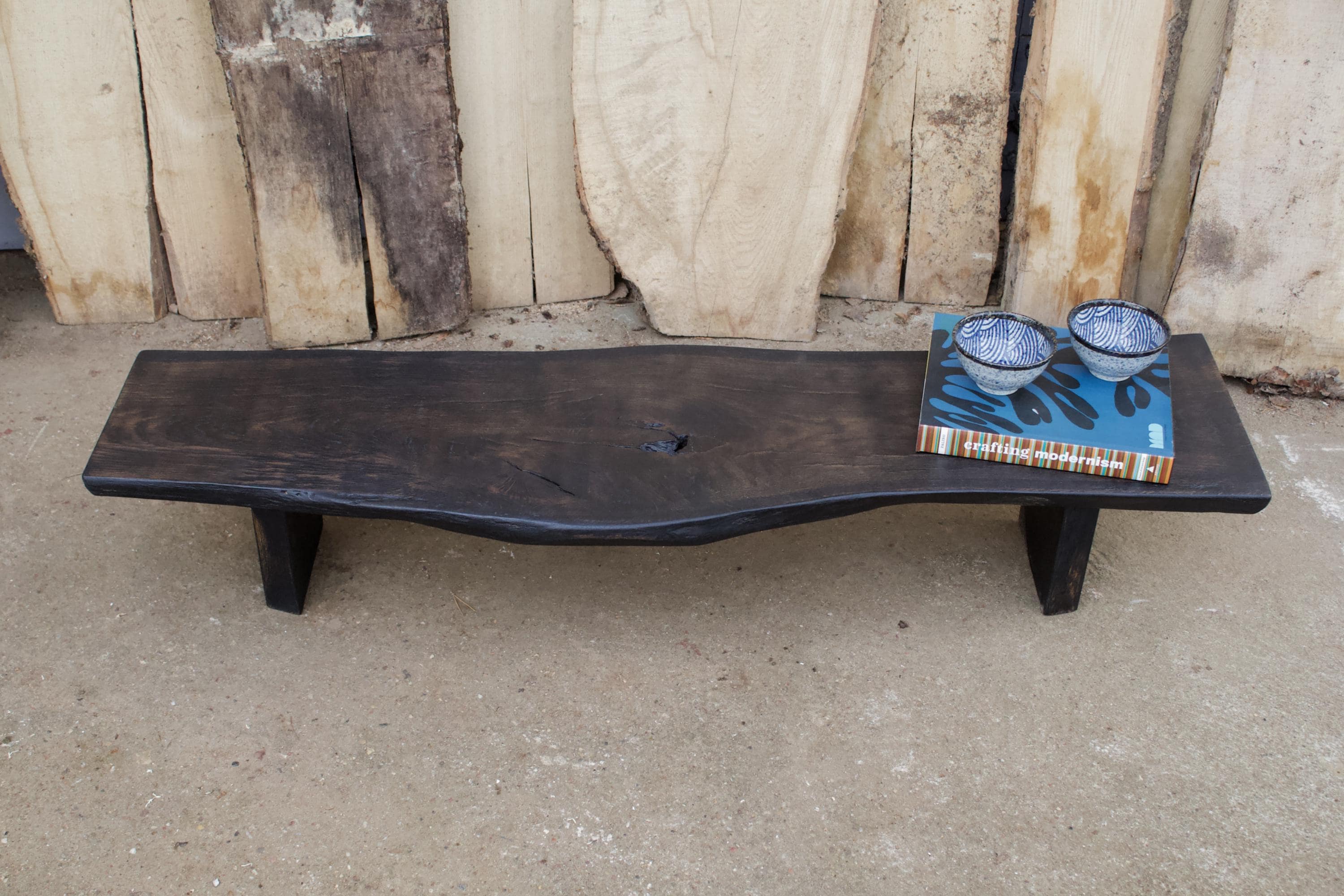 Reclaimed Oak Wood Low Console Bench - Black Aged Finish - Rustic ...